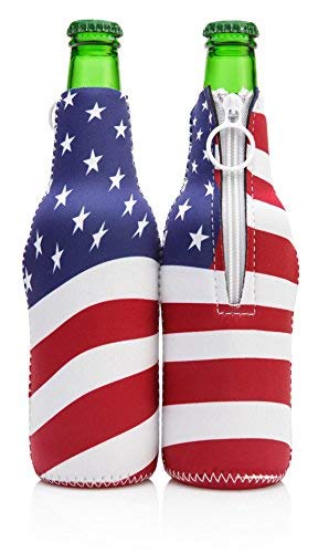 Beer Bottle sleeves - Set of 6 Zipper American Flag Theme Coolies - Extra Thick Neoprene - Fully stitched, Non-Glued Base - Bonus Bottle Opener - Trendy & Awesome Gift or Hosting Item #6USF