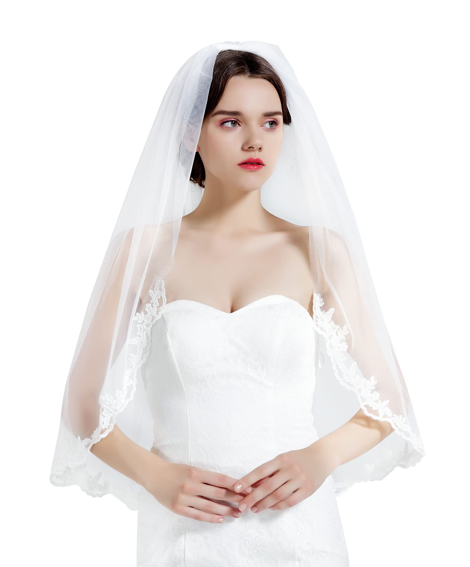 BEAUTELICATE Wedding Bridal Veil with Comb 1 Tier Lace Applique Edge Fingertip Length 36" Ivory