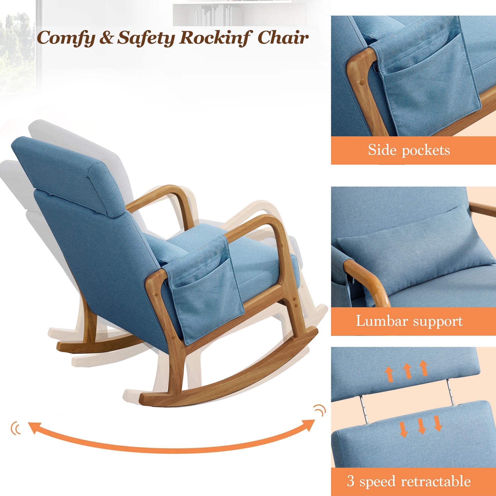 COOSLEEP Rocking Chair, Upholstered Glider Rocker with Adjustable Backrest, Solid Wood 350Lbs Support Rocking Chairs for Bedroom, Living Room (Blue)