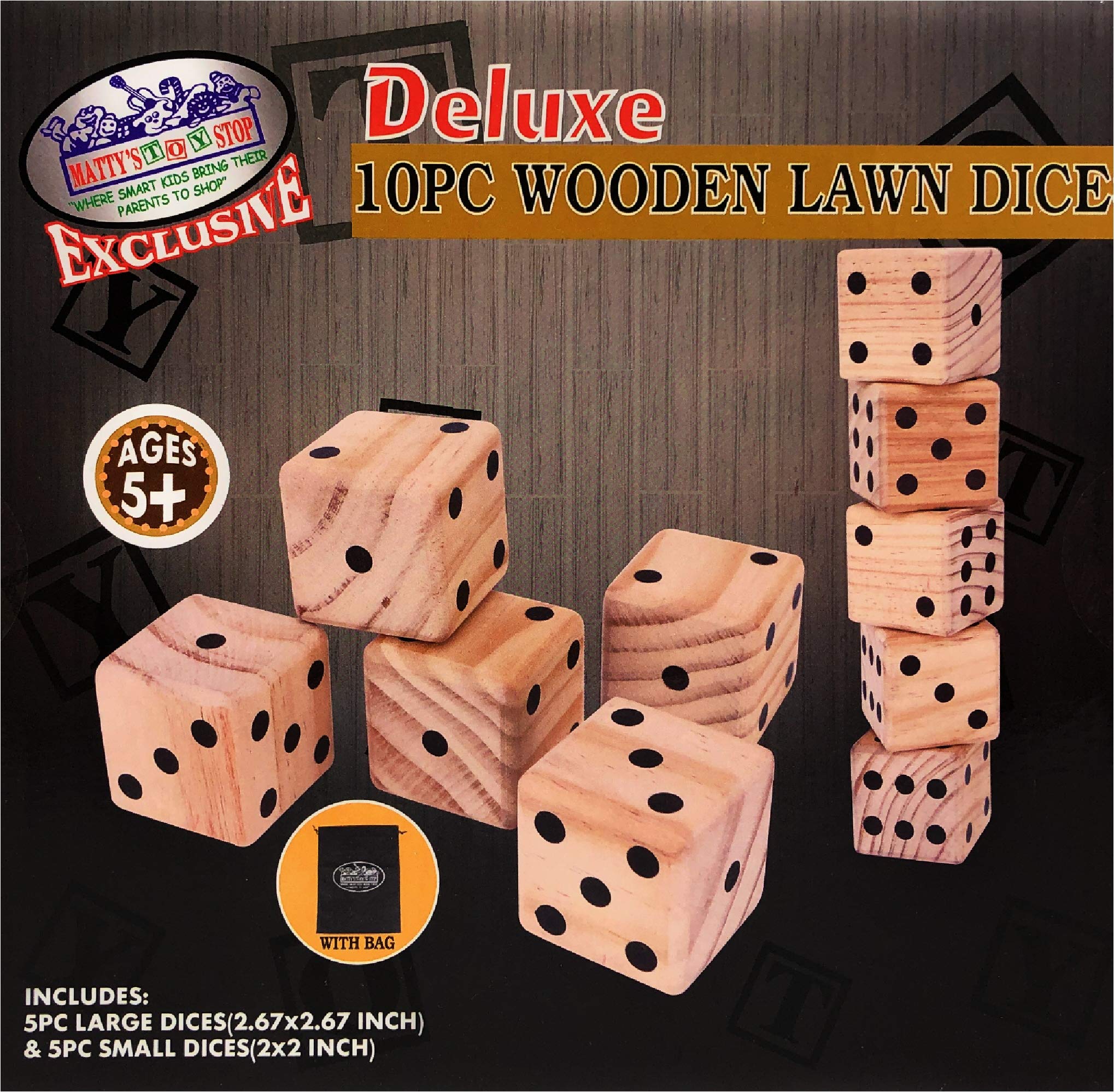 Matty's Toy Stop Deluxe 10pcs Wooden Lawn Dice Set - Features 5 (2.75") and 5 (2") Large Wooden Dice with Storage Bag