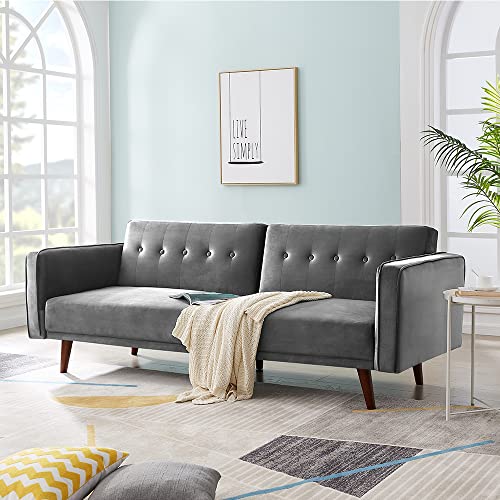 Hbaid 85.43" Velvet Sofa Bed, Grey Couch Convertible Sleeper Sofa with Tapered Wood Legs and Armrest, Modern Loveseat Couches for Living Room, Bedroom