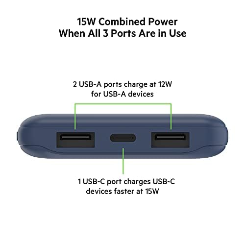 Belkin BoostCharge USB-C Portable Charger 10K Power Bank w/ 1 USB-C Port and 2 USB-A Ports & Included USB-C to USB-A Cable for iPhone 15, 15 Plus, 15 Pro, 15 Pro Max, Samsung Galaxy S24 & More - Blue