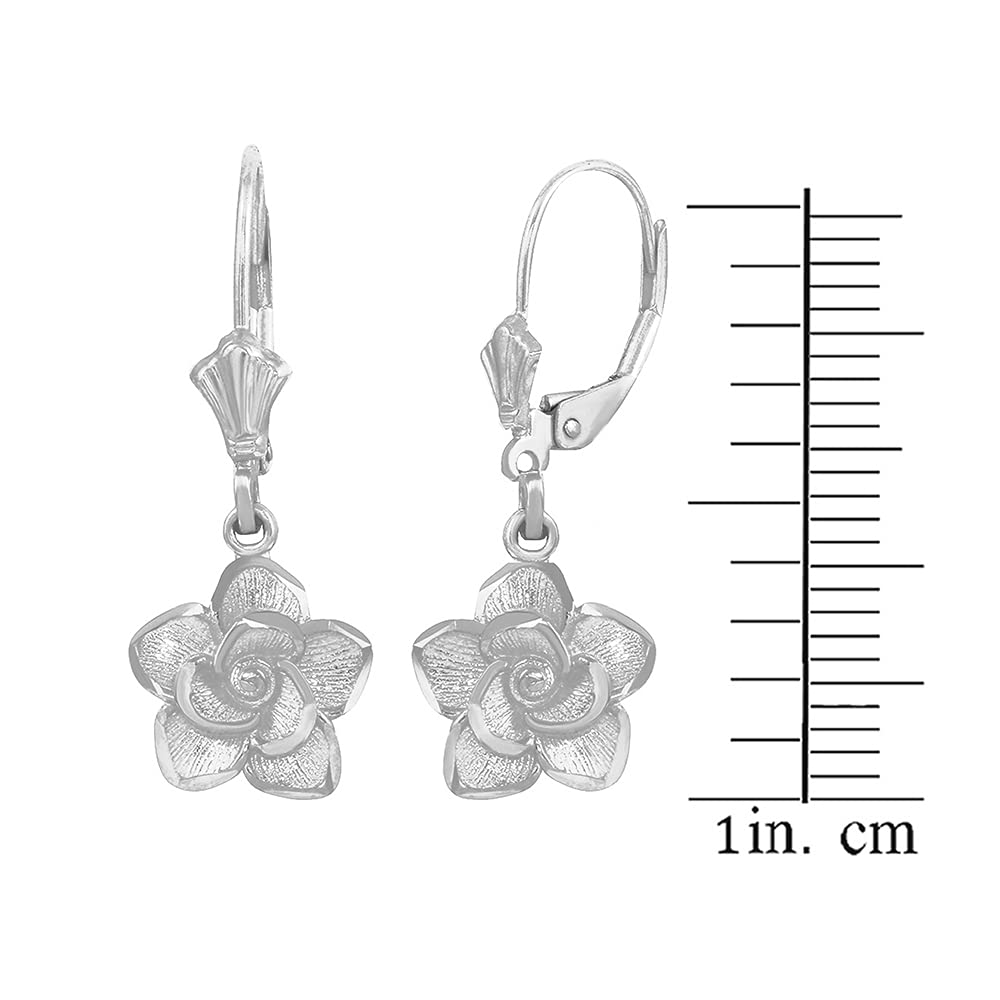 Beautiful 14k White Gold Rose Flower Leverback Earrings