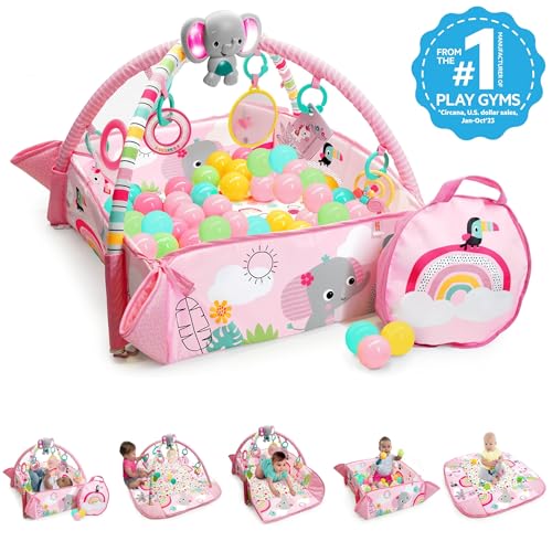 Bright Starts 5-in-1 Your Way Ball Play Baby Activity Play Gym & Ball Pit, Includes 7 Toys, Newborn to Toddler - Rainbow Tropics (Pink)