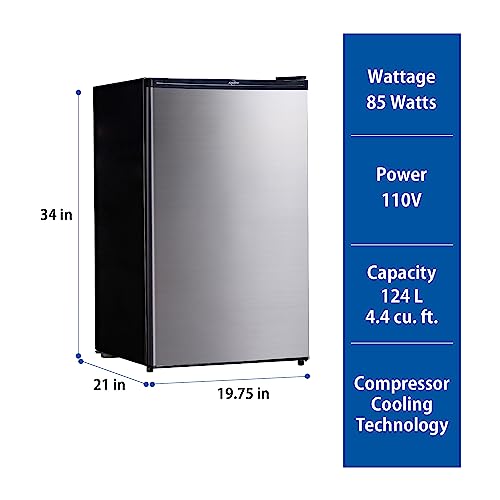 Koolatron Stainless Steel Compact Fridge with Freezer, 4.4 cu ft (124L), Silver and Black, Flat Back, Reversible Door, for Snacks, Frozen Meals, Beverages, Beer, Den, Dorm, Office, Rec Room, Home Bar