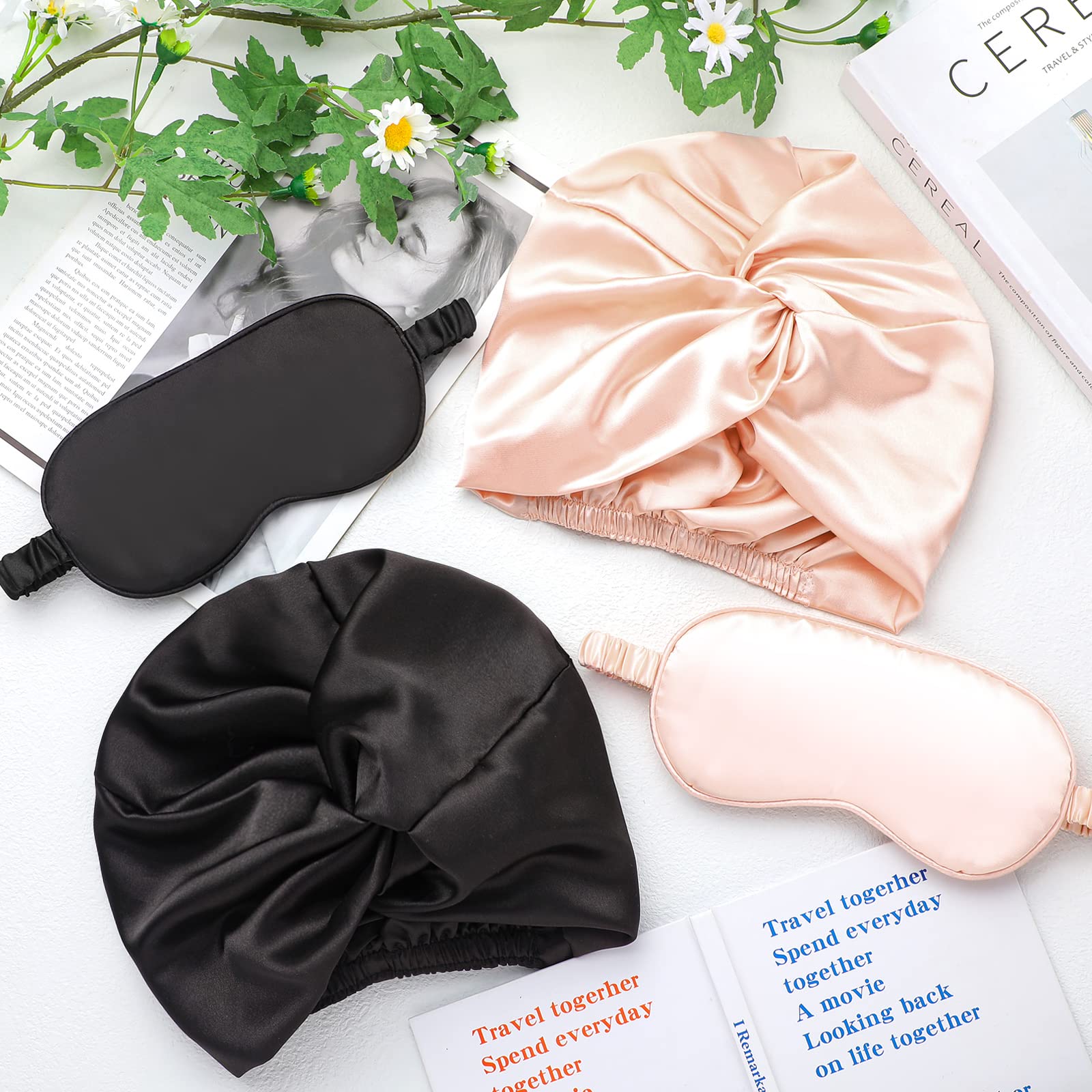 SATINIOR 4 Pcs Silk Bonnet Sleep Cap Women Silk Hair Wrap for Sleeping and Comfortable Sleep Eye Covering, 4 Piece Set(Black, Pink)