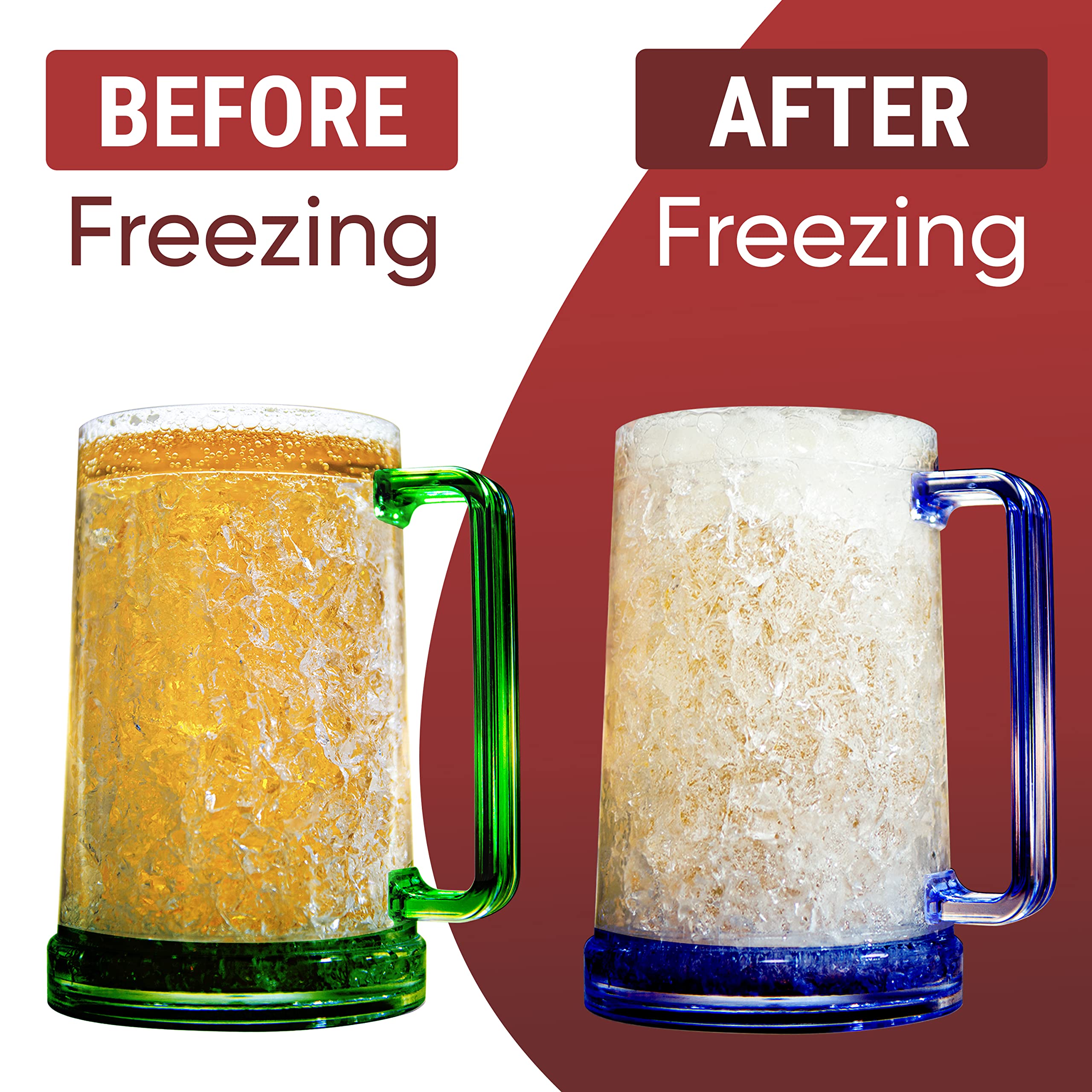 Beer Mugs with Gel Freezer 16 oz, Double Walled Beer Mugs with Handles, Color Handles Set Of 4