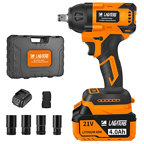 Cordless Impact Wrench,450NM(332ft·lbs) High Torque ,Brushless Motor,1/2 inch impact gun with a 4.0Ah Li-Ion Battery, Suitable for family cars…
