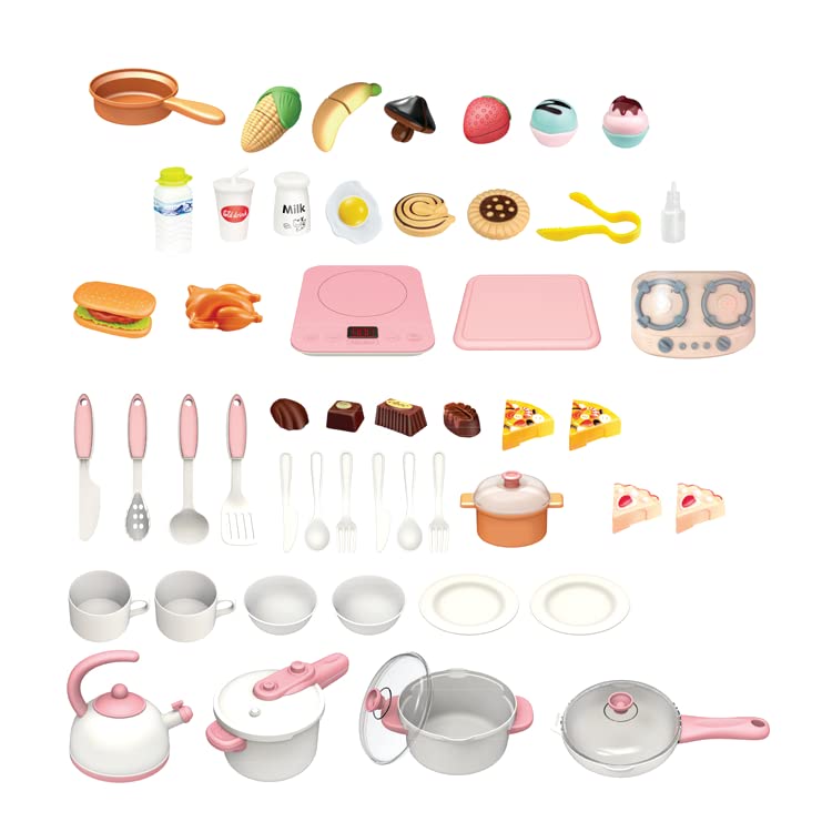 Big Modern Kitchen Set for Kids 49 pcs Pretend Play Cook with Sink, Light, Sound, Cutting Food, steam and Water Features, by VALESSATI