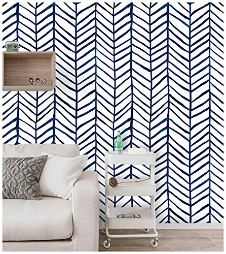 HAOKHOME 96020-2 Modern Stripe Peel and Stick Wallpaper for Bedroom Herringbone Navy Blue Vinyl Removable Decoration 17.7in x 9.8ft