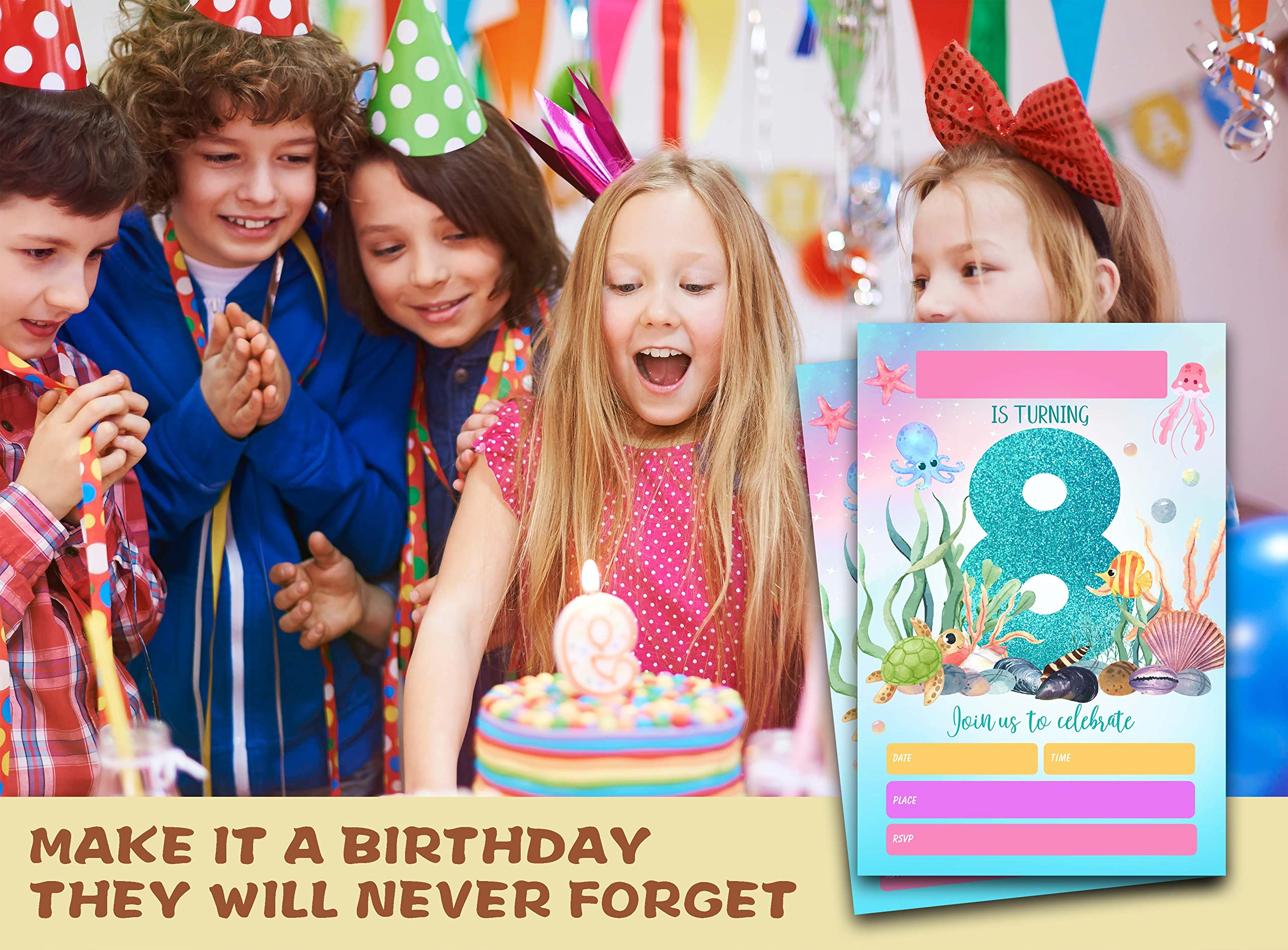 Under the Sea 8th Birthday Party Invitations With Envelopes(4" x 6")- 20 Pack - Ocean Animals Birthday Party Invites-c23