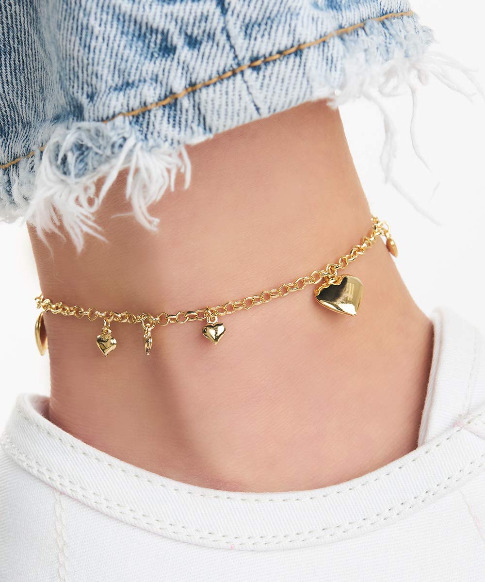 Barzel 18K Gold Plated Heart Ankle Bracelet For Women, 10 Inches - Made In Brazil