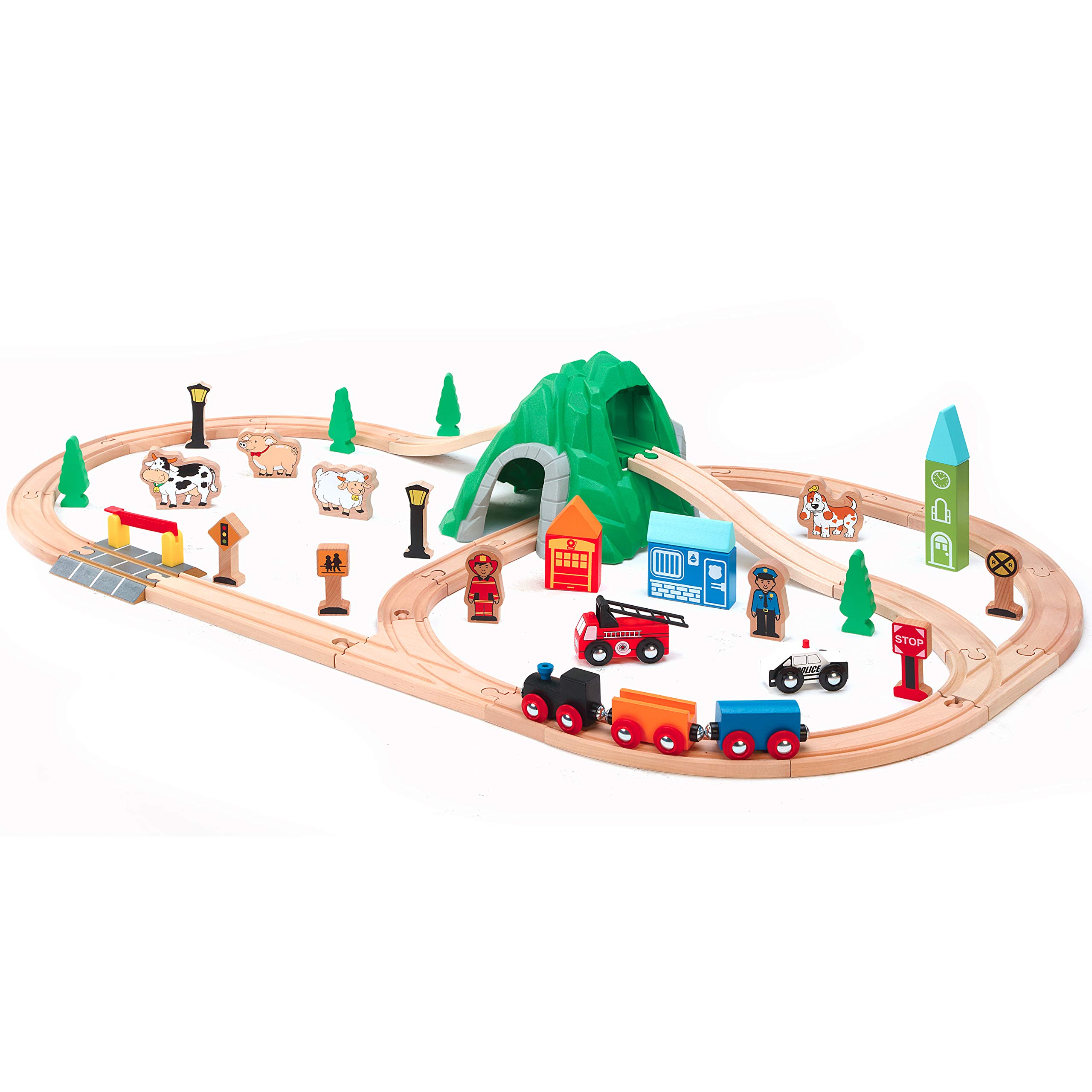 Maxim 50pc Mountain Train Set Set for Toddler with Double-Side Train Tracks Fits Brio, Thomas, Melissa and Doug, Kids Wood Toy Train for 3,4,5 Year Old Boys and Girls