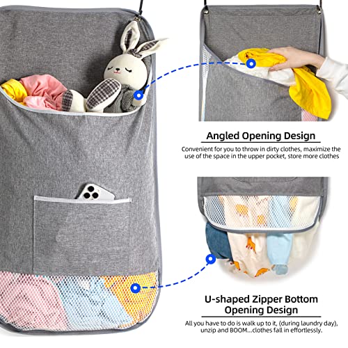 KOOZTI Hanging Laundry Hamper Bag, Over the Door Laundry Bag with U-Shaped Bottom Zipper Opening, Breathable Honeycomb Mesh window, Space Saving Laundry Bag with 2 Types of Hooks