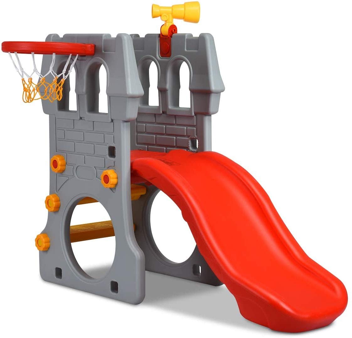 GLACER Toddler Slide, 5 in 1 Kids Climber Slide Playset w/Basketball Hoop, Telescope, Crawl Through Space, Easy Climb Stairs, Freestanding Slide Toddler Playground for Indoor and Outdoor