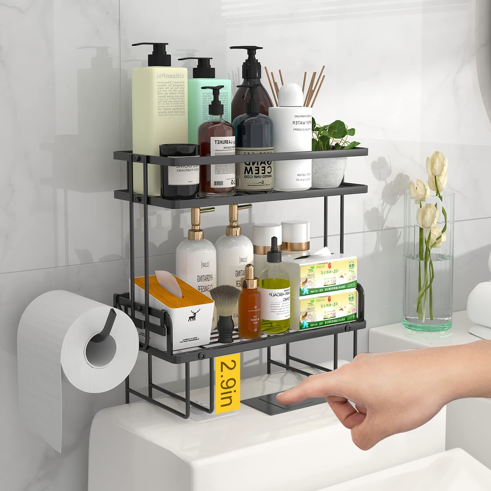 KYLE & KAY Bathroom Over The Toilet Storage Shelf, Bathroom Storage Organizer with Toilet Paper Holder & Space Saver, 2-Tier Bathroom Storage Organizer Shelves (Black)