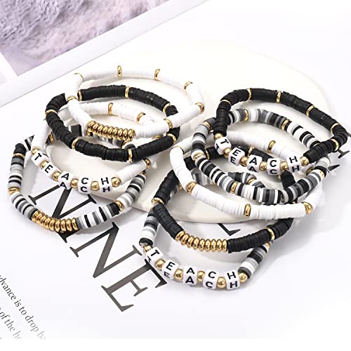 NLCAC 9 Pack Preppy Teacher Bracelets Stackable Rainbow Heishi Teach Beaded Stretch Surfer Bracelet Teacher Appreciation Gifts Back to School Jewelry