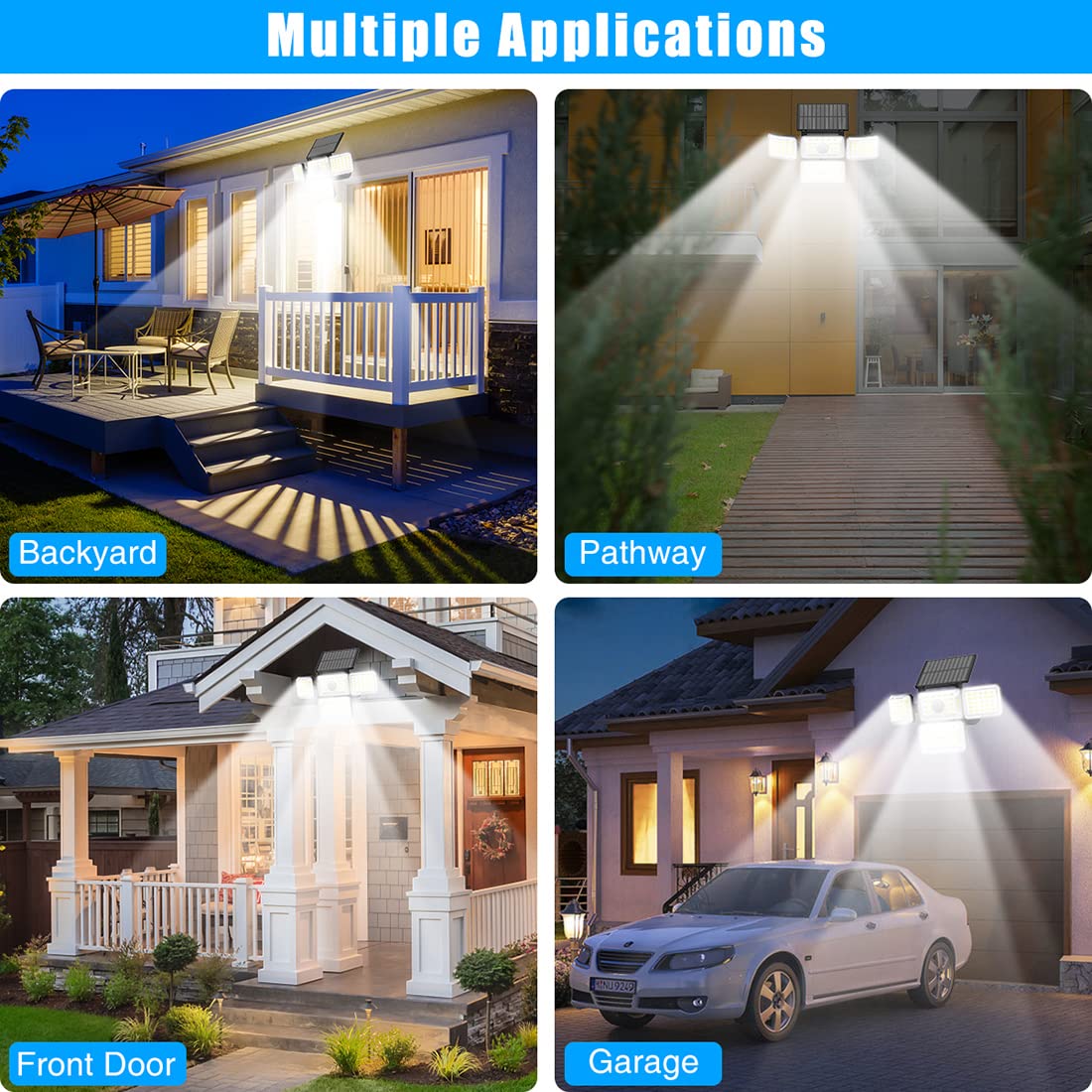 Solar Lights Outdoor, 250 LED 2500LM Security Motion Sensor Flood Light with 4 Adjustable Heads, IP67 Waterproof, 3 Modes & 300° Wide Angle Smart Outside Wall Light for Garden Pathway Garage, 2 Pack