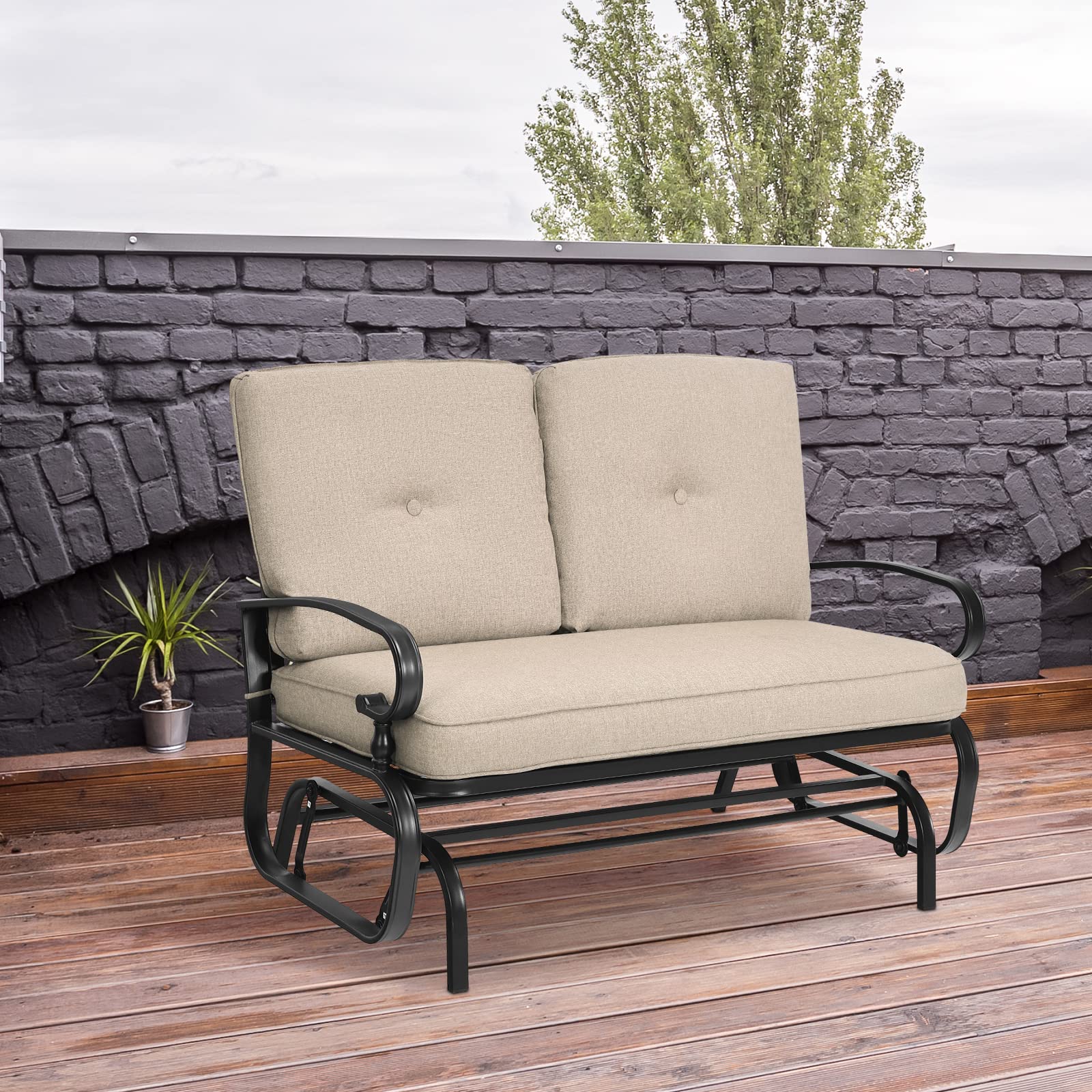 HAPPYGRILL Outdoor Swing Glider Bench Patio Loveseat Glider with Comfortable Cushions, 2 Persons Rocking Glider Chair for Porch Balcony Garden Poolside