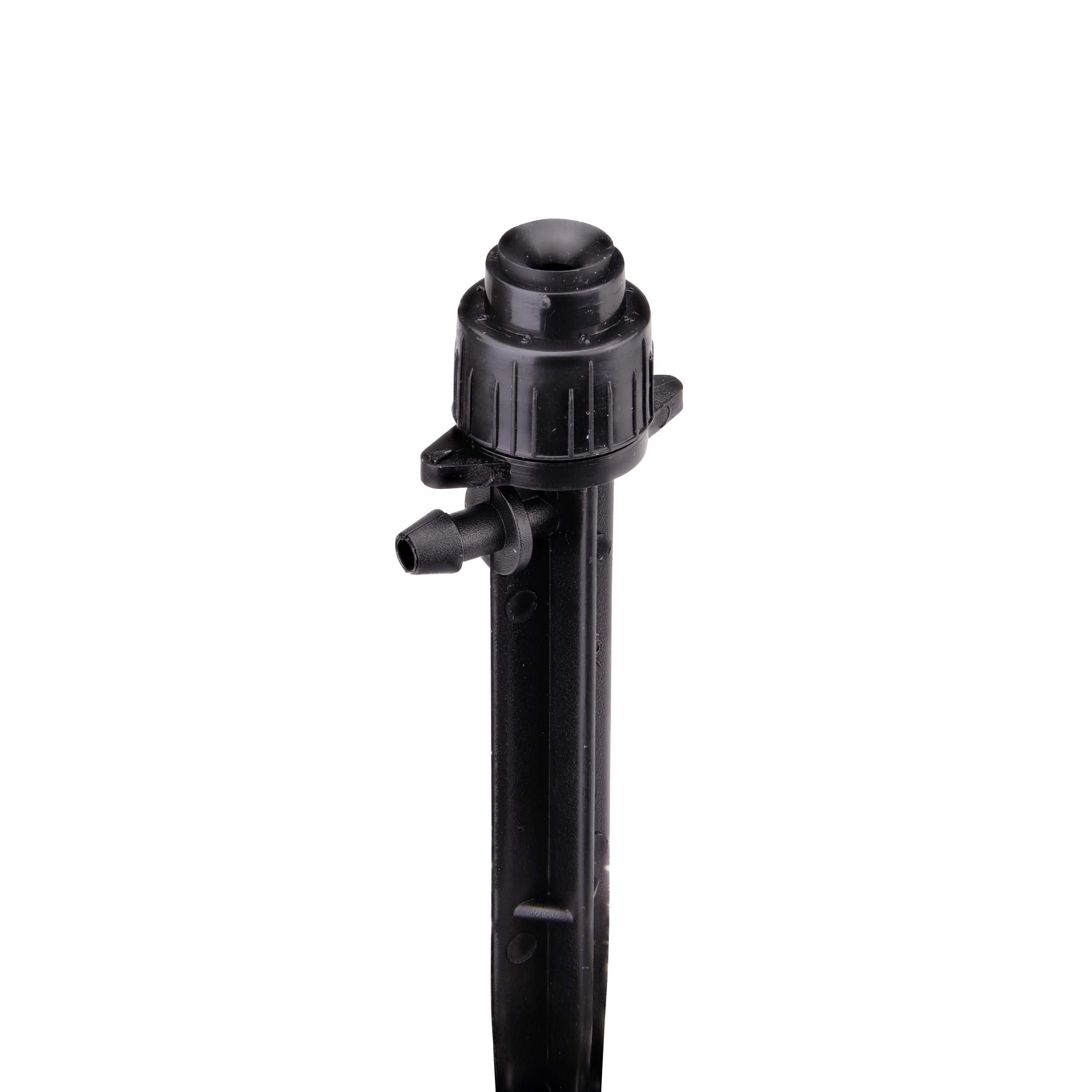 Raindrip 15300UB Adjustable Flow Bubbler, Non-Pressure Compensating Emitters, Fan, with 1/4 in. Barbed Inlet on 5 in. Stake, Black