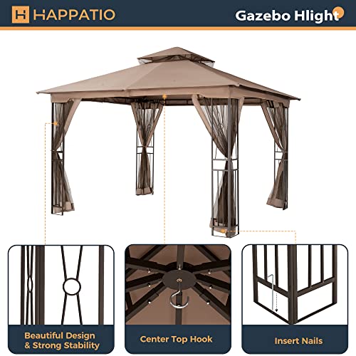 HAPPATIO 10' X 12' Patio Gazebo with Ventilation Double Roof,Outdoor Gazebo with Mosquito Netting for Lawn, Garden (Light Brown)
