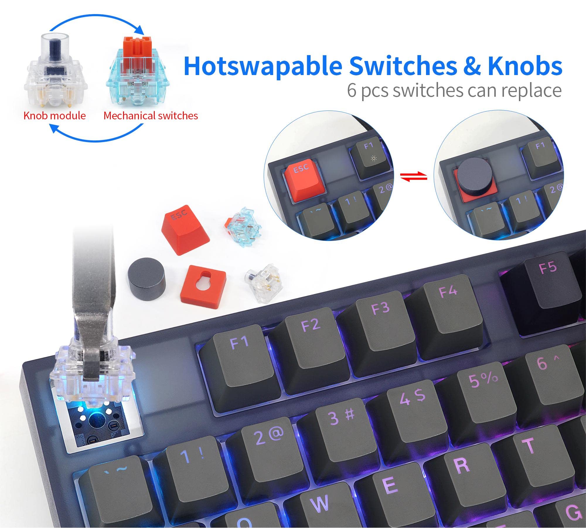 BOYI GK75 Tri-Mode 75% Keyboard with Knob Hot Swappable RGB Mechanical Keyboard,2.4Ghz/Bluetooth 5.0/Wired Keyboard 80 Keys Programmable Gmaing Keyboard (Skyloong White Switch,Dark-Gray Theme)