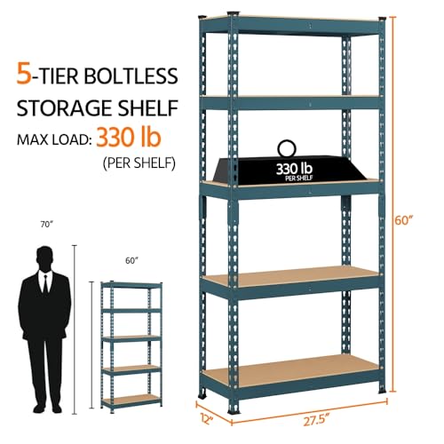 CFSAFK 4 Pieces of 5 Tiers Boltless Storage Shelf for Home Warehouse, Neptune Blue