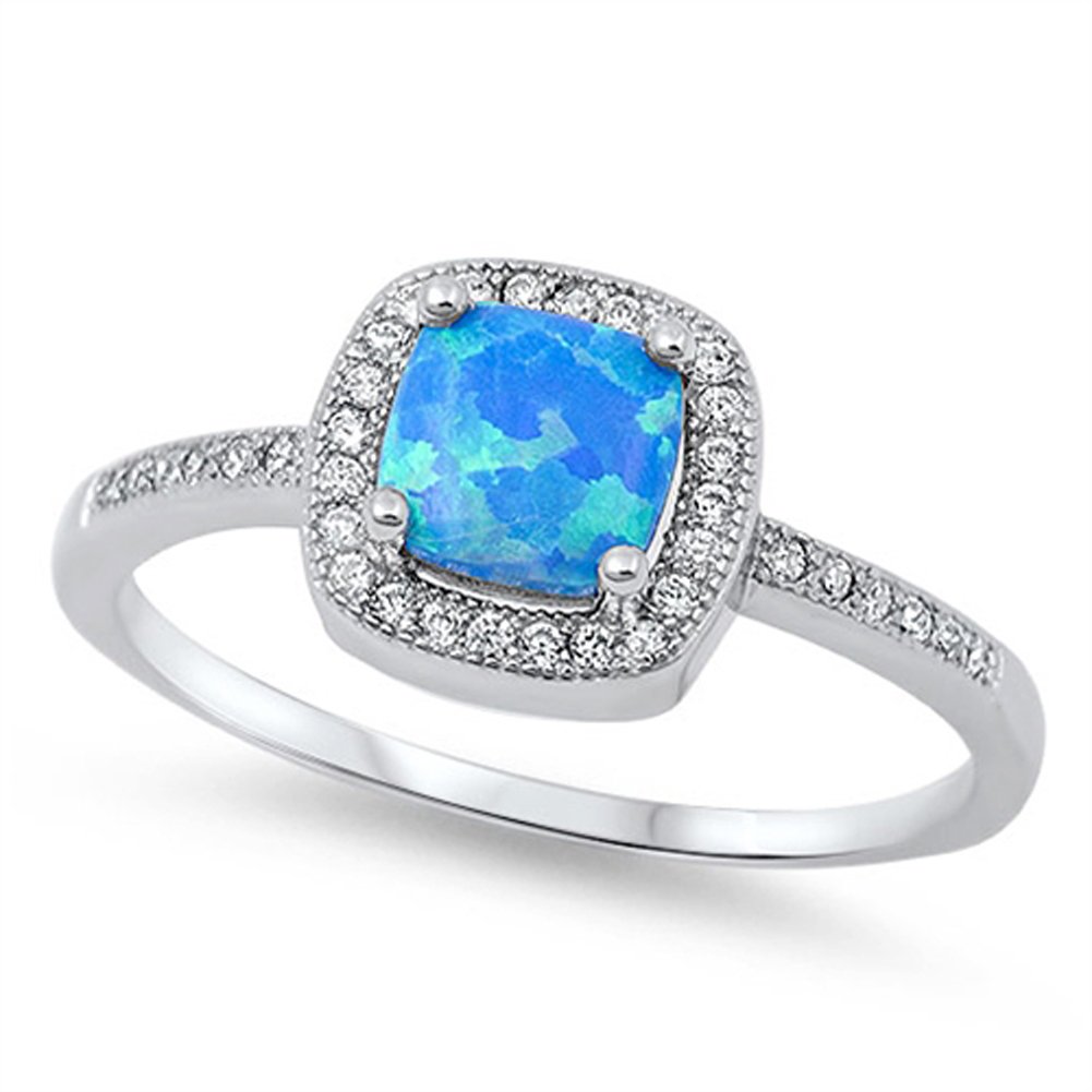 Blue Simulated Opal Halo Polished Promise Ring New 925 Sterling Silver Band Size 7