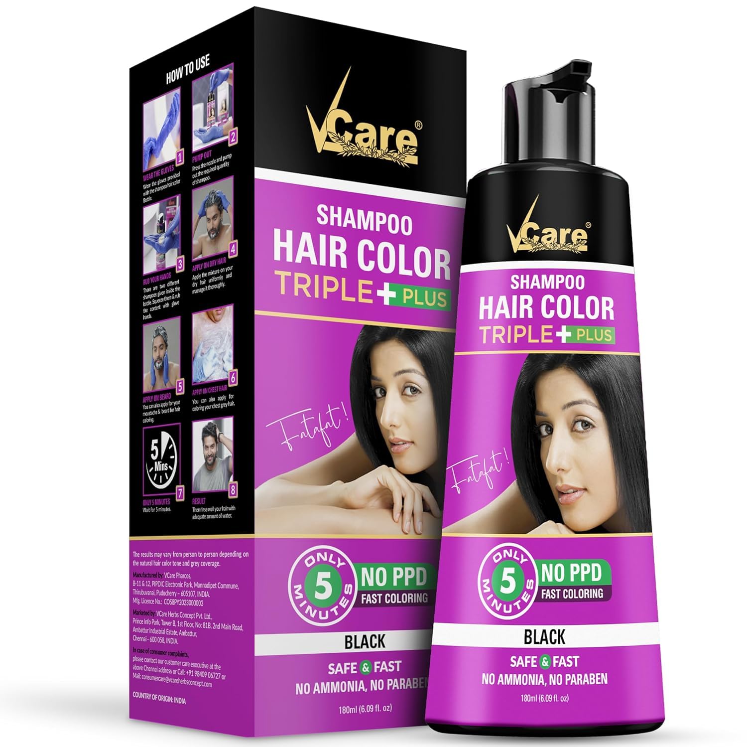 Vcare Hair Color Triple Plus Shampoo Hair Color (Black) - 180ml