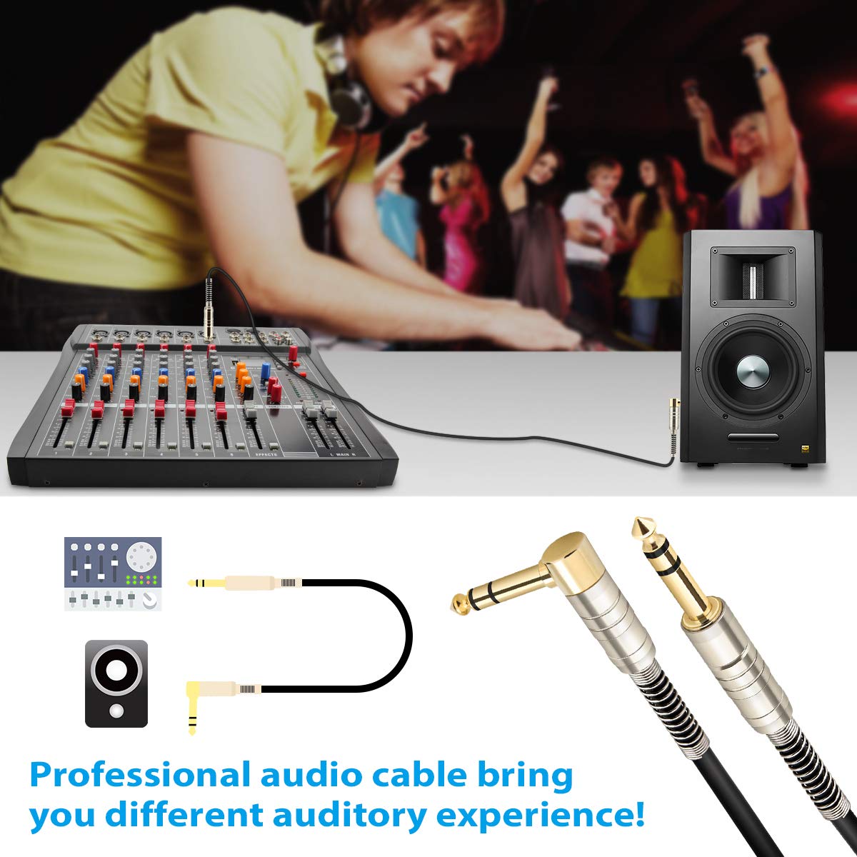 JOLGOO 1/4 inch TRS Cable, Straight to Right Angle 1/4 Inch 6.35mm Stereo Audio Cable for Studio Monitors,Mixer,Yamaha Speaker/Receiver, 10 Feet