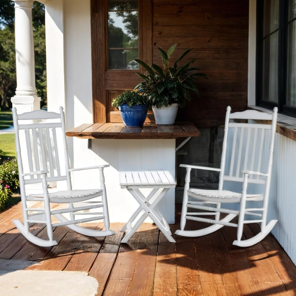 BplusZ Outdoor Patio Wooden Rocking Chairs Small Folding Side Table Set 3 Piece Furniture, 2 Rockers and 1 Foldable End Table, Porch Bistro Balcony, White