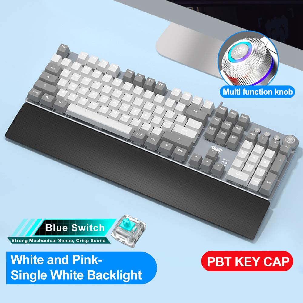 AULA F2088 Grey Mechanical Keyboard Wired with Wrist Rest, Media Knob, PBT Keycaps, White LED Backlit, 104 Keys Programmable Ergonomic Gaming Keyboards for PC MAC Desktop Computer Gamer (Black Switch)