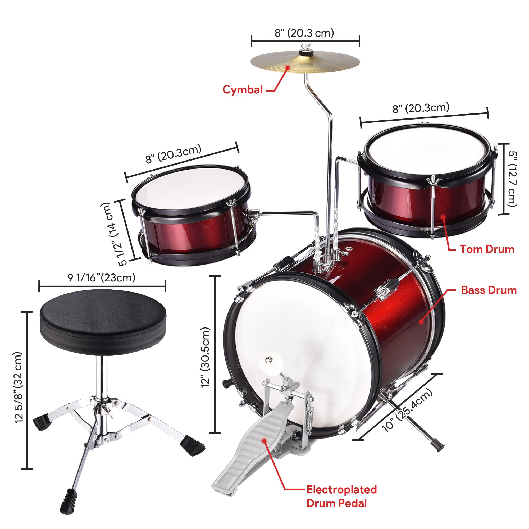 AW Drum Set with 3 Piece Drums Bass Tom Hi-Hat 4pcs Drumsticks Seat Cymbal Throne Stool Kids Musical Instruments Kit Red