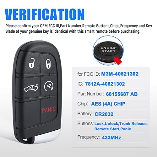 Keymall Smart Car Key Fob Keyless Entry Remote Replacement 5 Buttons for Chrysler 200 300 for Dodge Charger Challenger 2019 2020 2021 4A Chip (M3M-40821302 68155687 AB)