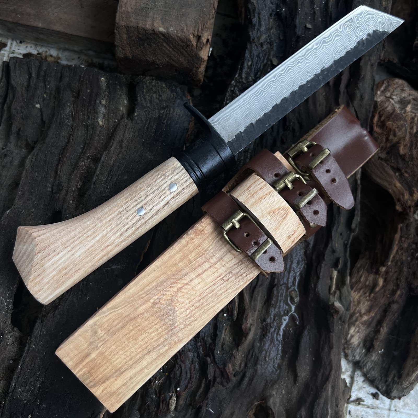 AULAKNIV Damascus Tanto Fixed Blade Hunting Knife with Wooden Sheath, Japanese Camping Survival Knives with Wooden Handle