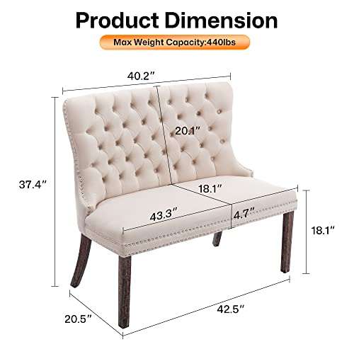 civama Velvet Dining Bench with Back, Tufted Upholstered Loveseat Settee, Nikki Collection Modern Banquette Couch, Comfy Accent Sofa Couch with Solid Wood Legs, Beige