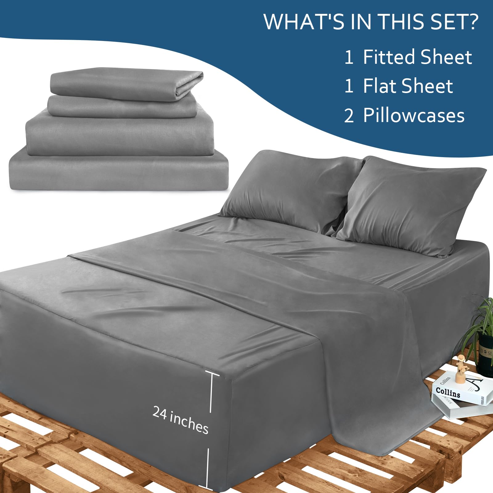 Deep Pocket Twin Sheets Set for Kids Air Mattress - Extra Deep Pocket Twin Sheet Sets - 4 Piece Bed Set Fade Resistant Fits 16in to 24in Pillow Top Air Bed Mattress(Grey)
