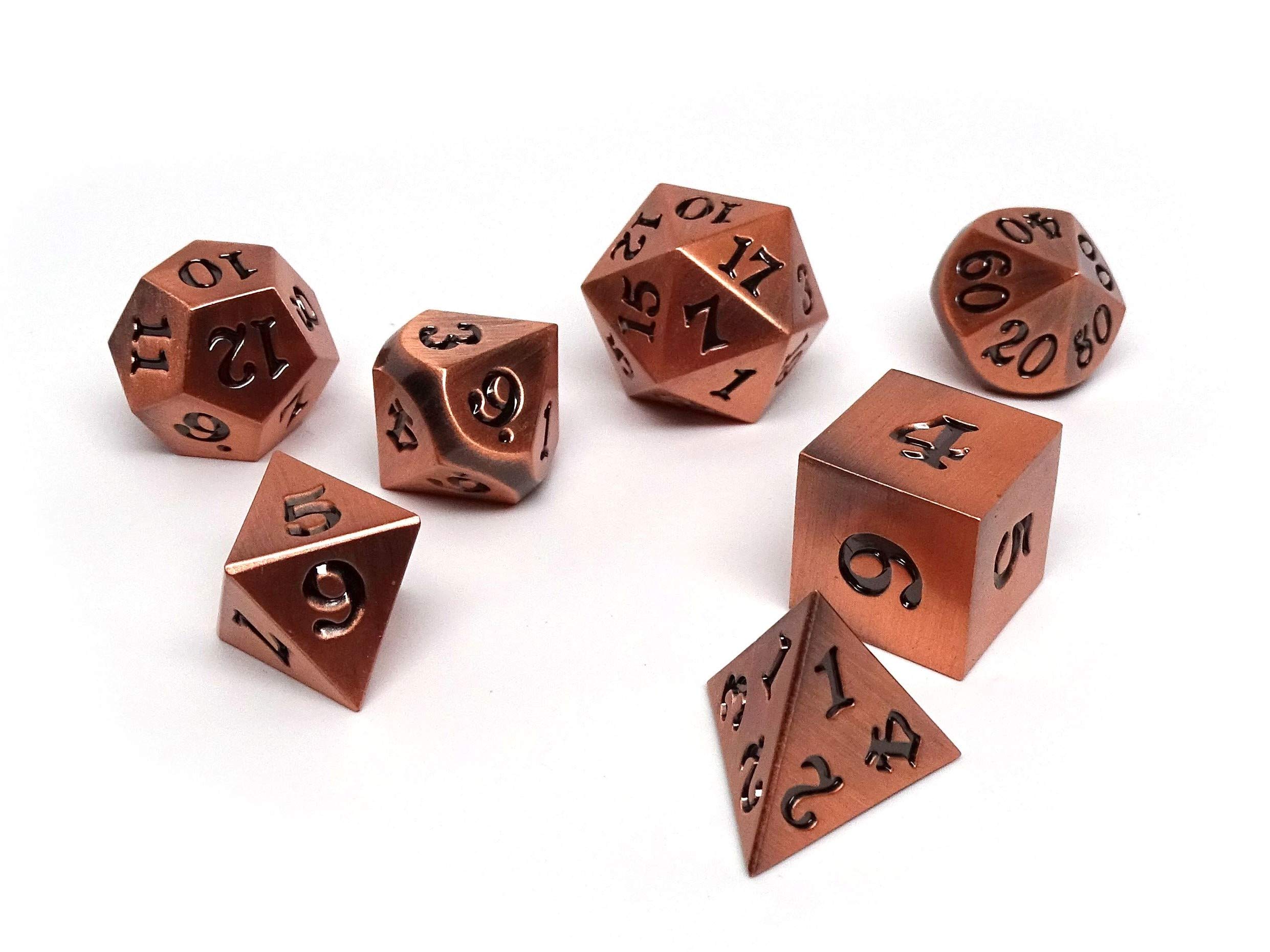 Legendary Copper Metal Polyhedral Dice Set with Black Signature Font - 7 Piece Collection