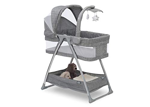 Simmons Kids City Sleeper Bedside Bassinet Portable Crib - Activity Mobile Arm with Nightlight, Vibrations, Twinkle Lights and Rotating Stars, Grey Tweed
