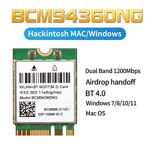 BCM94360NG NGFF M.2 2230 WiFi Card 802.11ac 1200Mbps Adapter for macOS BCM94360CS Wireless Card Original M.2 Card Plug and Play for AirDrop Continuity Handoff Better BCM94352Z DW1560 for Intel NUC