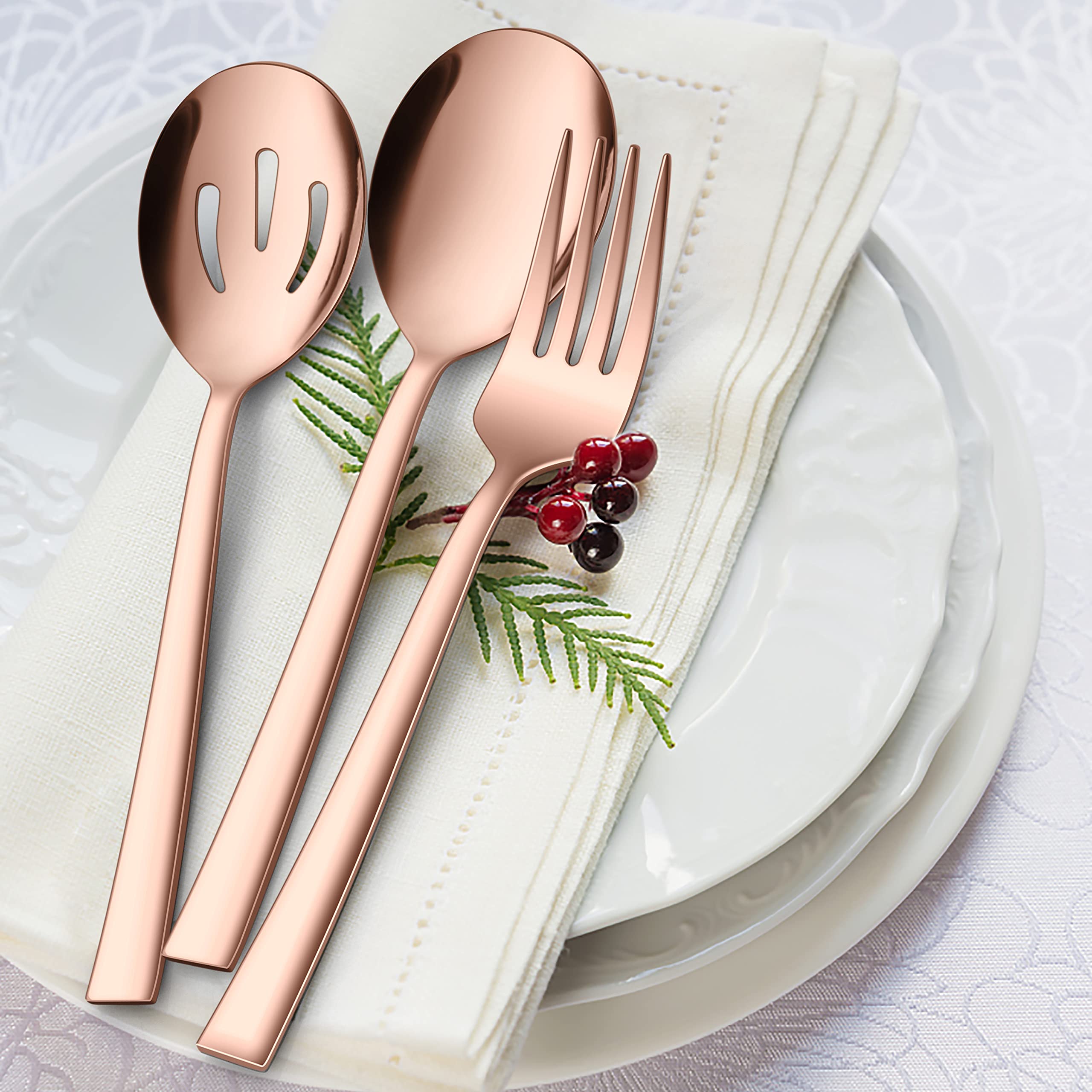 Black Serving Utensils Set of 6, E-far Stainless Steel 8.7 Inch Hostess Serving Set with Square Edge, Metal Serving Slotted Spoons Forks for Party Buffet Catering, Mirror Finished