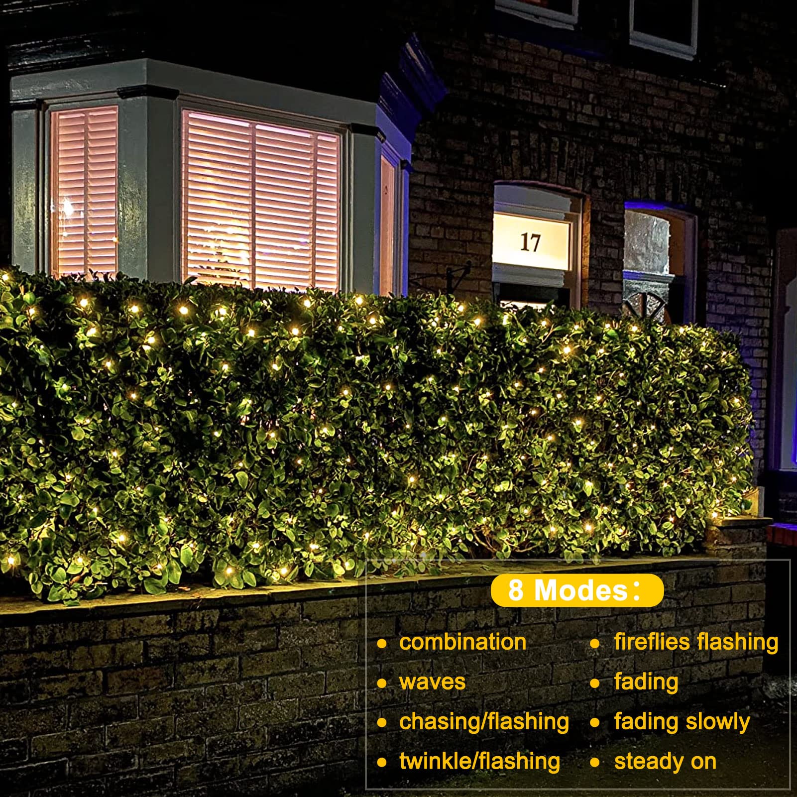 Christmas Net Lights Solar Powered, 100 LED 5Ft x 5Ft Bush Net Light Outdoor Mesh Lights Auto On/Off 8 Modes for Tree Fence Wall Roof Backyard Bush Decor (Warm White)