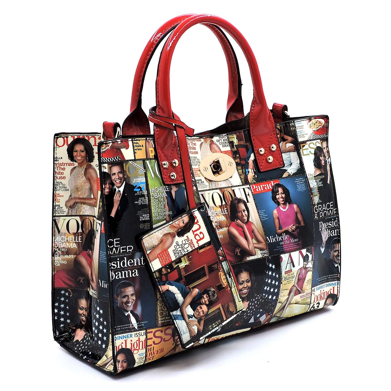 Glossy magazine cover collage crossbody bag purses Michelle Obama mini handbag 3pcs set (MULTI/RED)