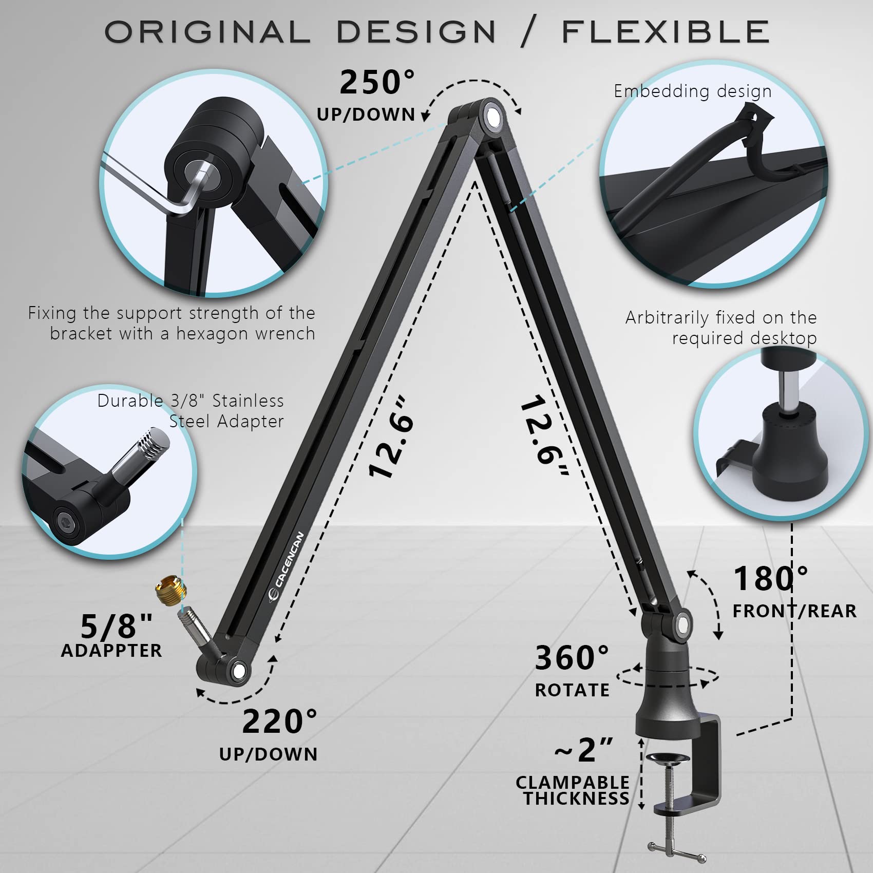 CACENCAN Boom Arm, 360° Rotatable Microphone Stand with Desk Mount, Foldable Desk Mic Arm with 3/8'' to 5/8'' Screw Adapter, Microphone Arm for Live Streaming, Gaming, Podcasting, Radio(Space Black)
