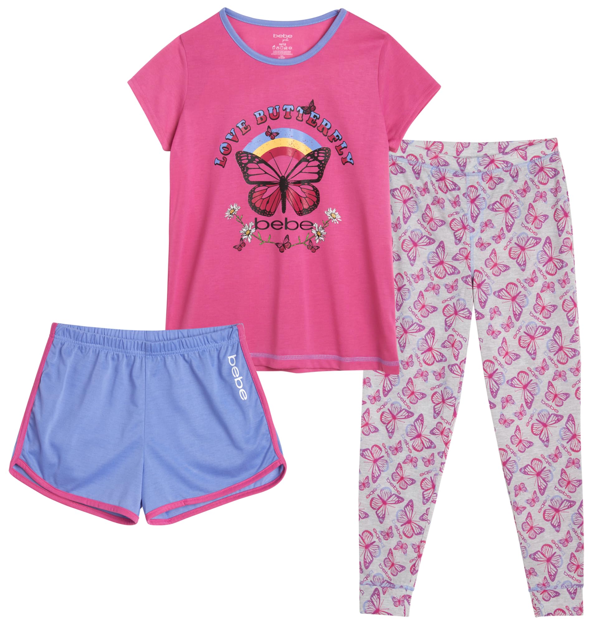 bebe Girls? Pajama Set ? 3 Piece T-Shirt, Shorts, and Pants Sleepover Bundle, Size 14-16, Heart