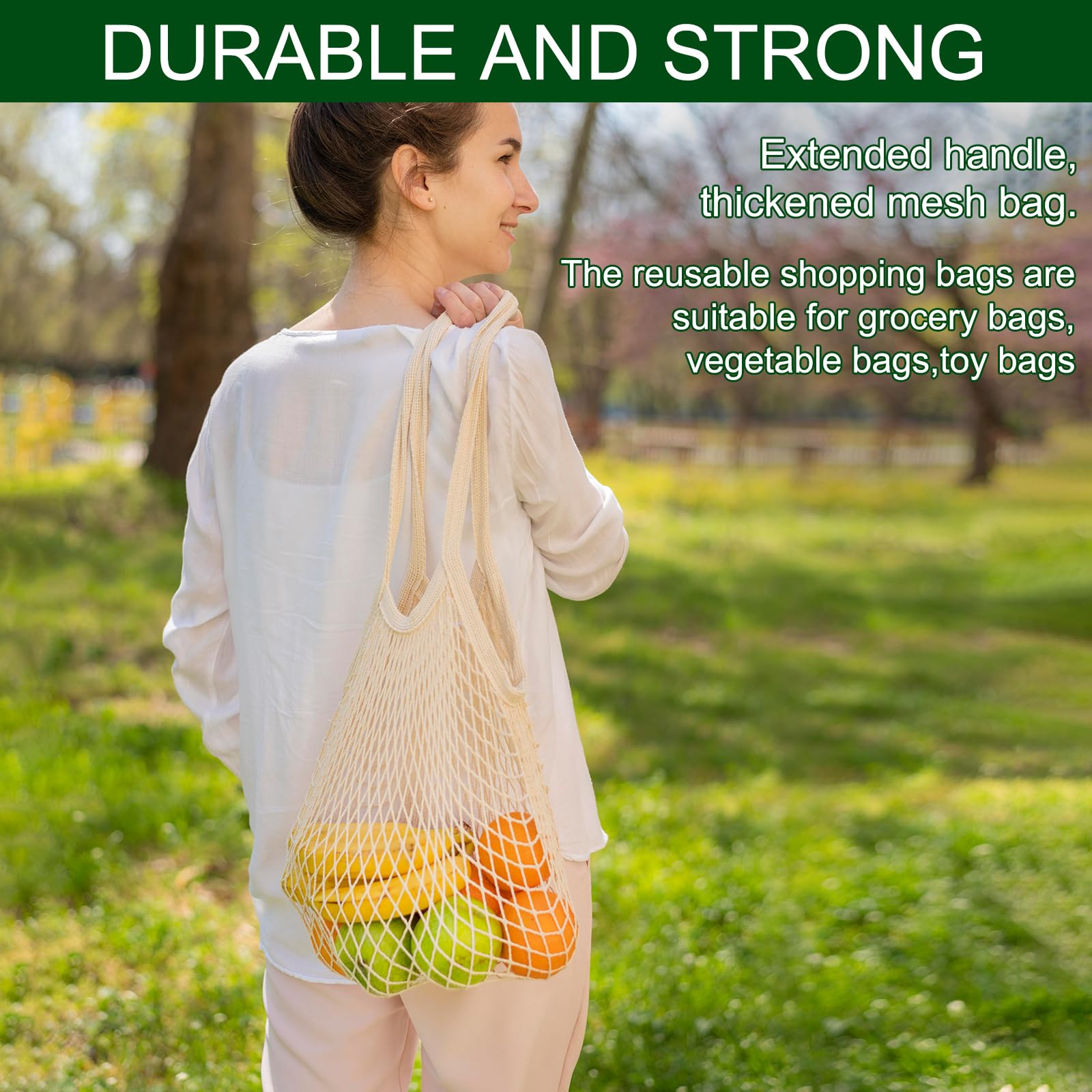 Mordx 2 Pack Premium Mesh Grocery Bags,100% Cotton String Mesh Bags,Long Handle Net Tote Bags,Reusable Produce Bags,Washable,Portable,Fruit and Vegetable Storage Bags,Beige
