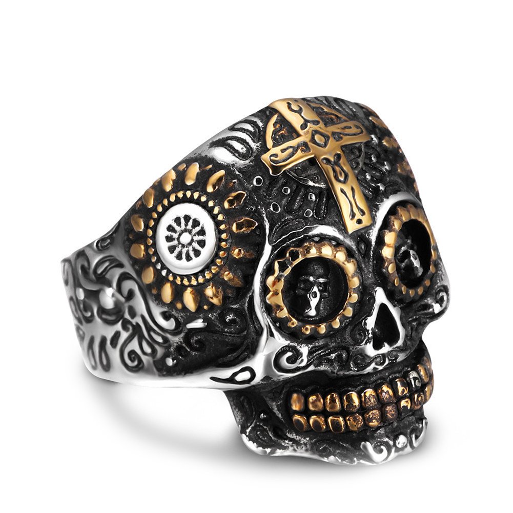 AUMRET Halloween Skull Stainless Steel Simulated Silver Gothic Cross Titanium Steel Ring (11)