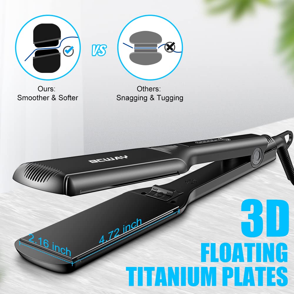Bcway Professional Hair Straightener, 2.16'' Extra-Large Floating Titanium Flat Iron, Anti-Static 30s Instant Heating Straightening Iron with 5 Adjustable for All Hair Types