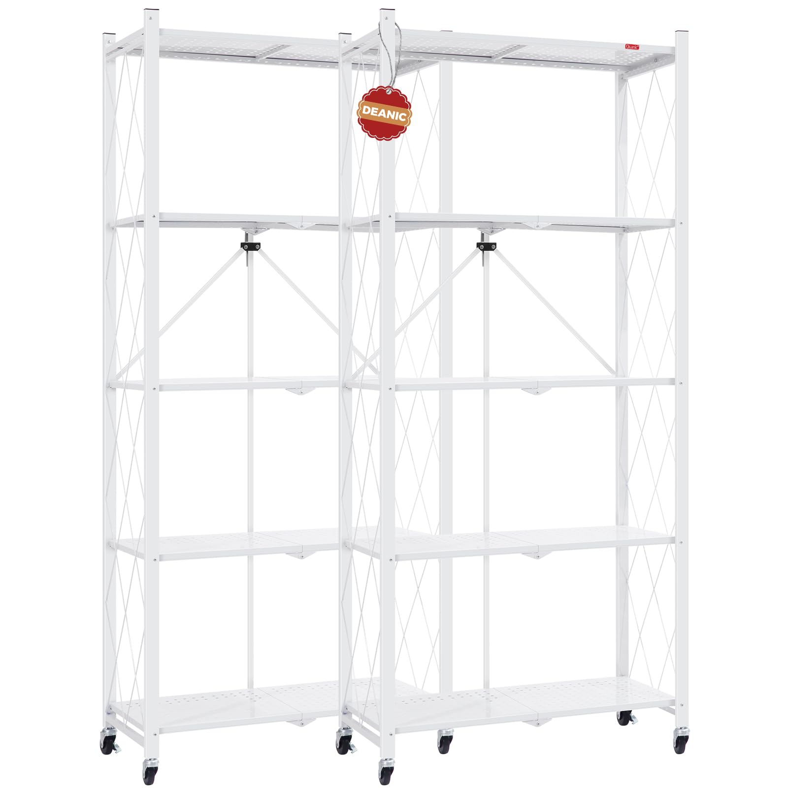 DEANIC 5 Tier Foldable Storage Shelves with Wheels, Large Capacity Shelving Unit, Freestanding Metal Wire Shelf Rack, No Assembly Organizer Rack for Garage Kitchen, Basement, Pantry(Black Pack of 2)