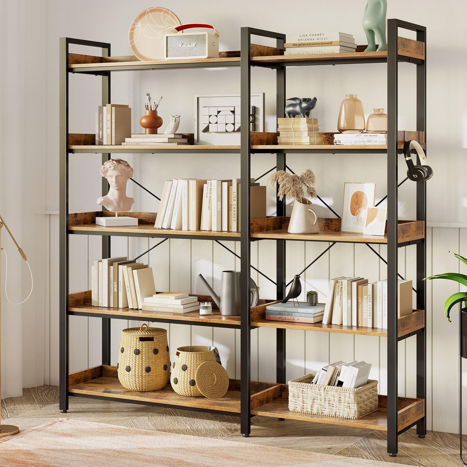 Rolanstar Bookshelf 5 Tier with 4 Hooks, Reversible Corner Bookshelf, 65" Industrial Wooden Bookcase with Open Shelves and Metal Frame for Living Room, Bedroom, Home Office, Rustic Brown